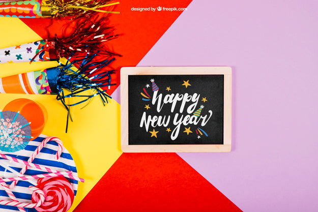 Free New Year Mockup With Slate And Confetti Psd – DreamBundles