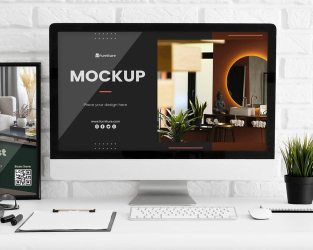 Free Office Desk With Computer Mock-Up Psd – DreamBundles