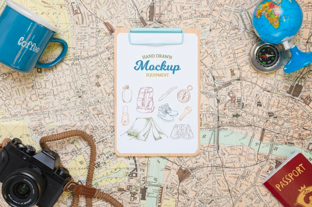 Free Top View Of Map With Mock-Up Traveling Essentials Psd – DreamBundles
